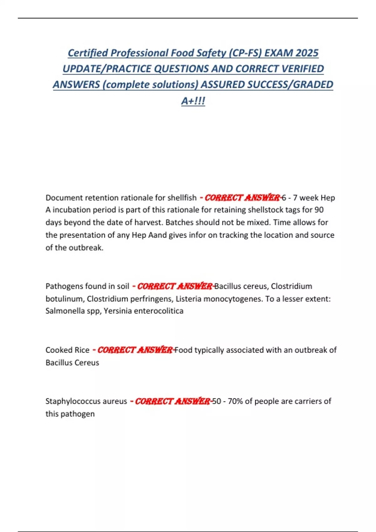 Certified Professional Food Safety (CP-FS) EXAM 2025 UPDATE/PRACTICE ...