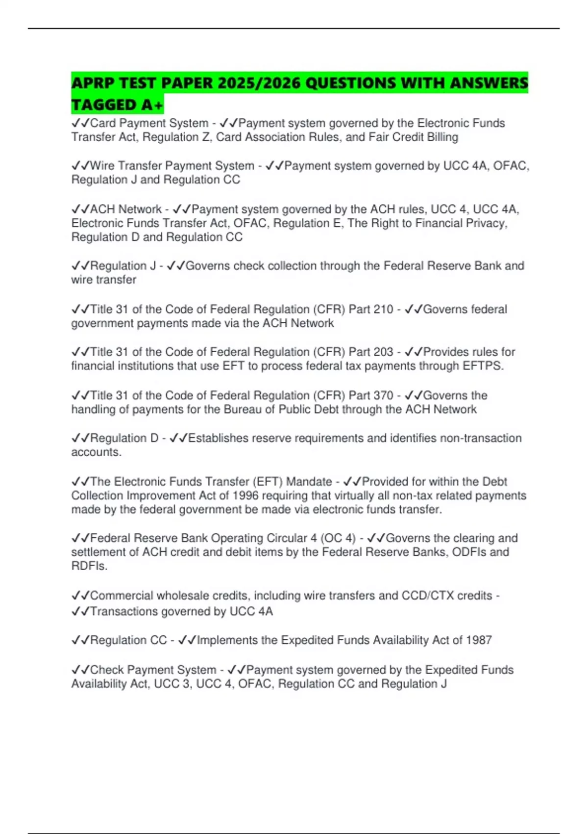 APRP TEST PAPER 2025/2026 QUESTIONS WITH ANSWERS TAGGED A+ - APRP ...