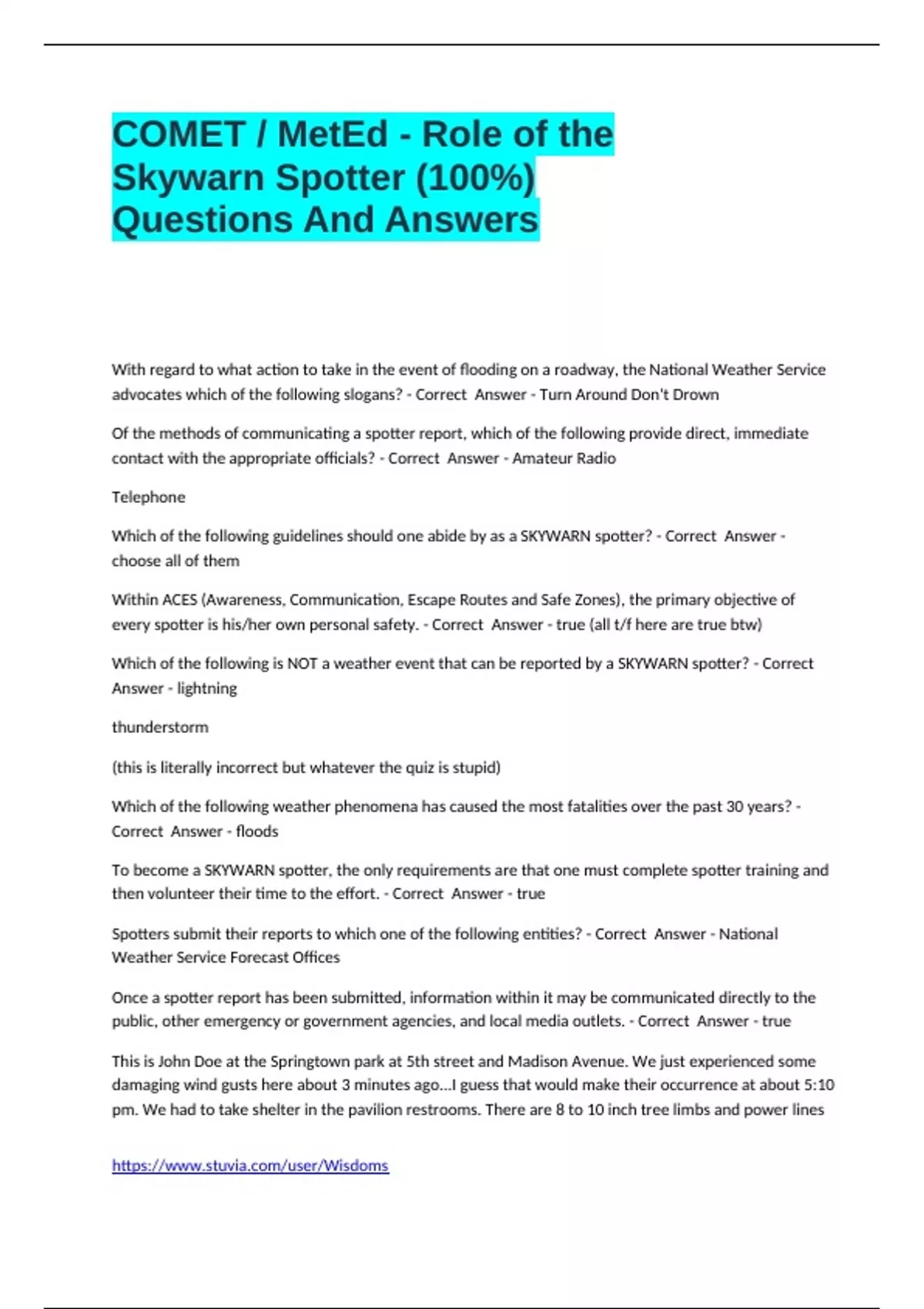 COMET MetEd - Role of the Skywarn Spotter (100%) Questions And Answers ...