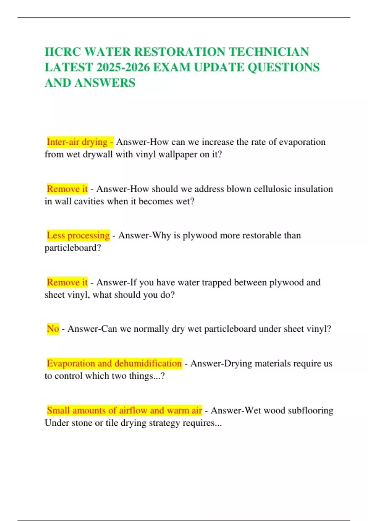 IICRC WATER RESTORATION TECHNICIAN LATEST EXAM UPDATE QUESTIONS AND ...