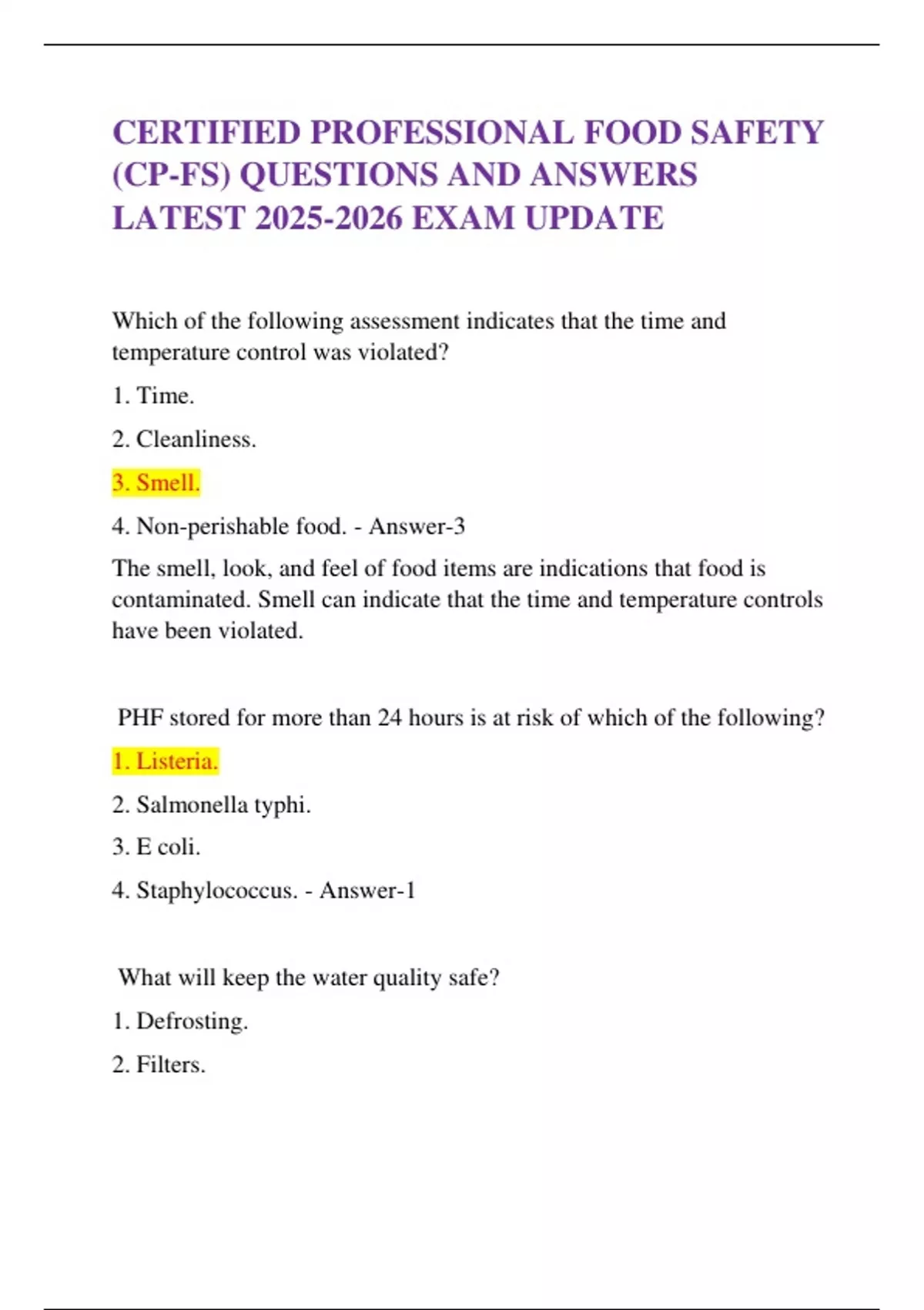 CERTIFIED PROFESSIONAL FOOD SAFETY (CP-FS) QUESTIONS AND ANSWERS LATEST ...
