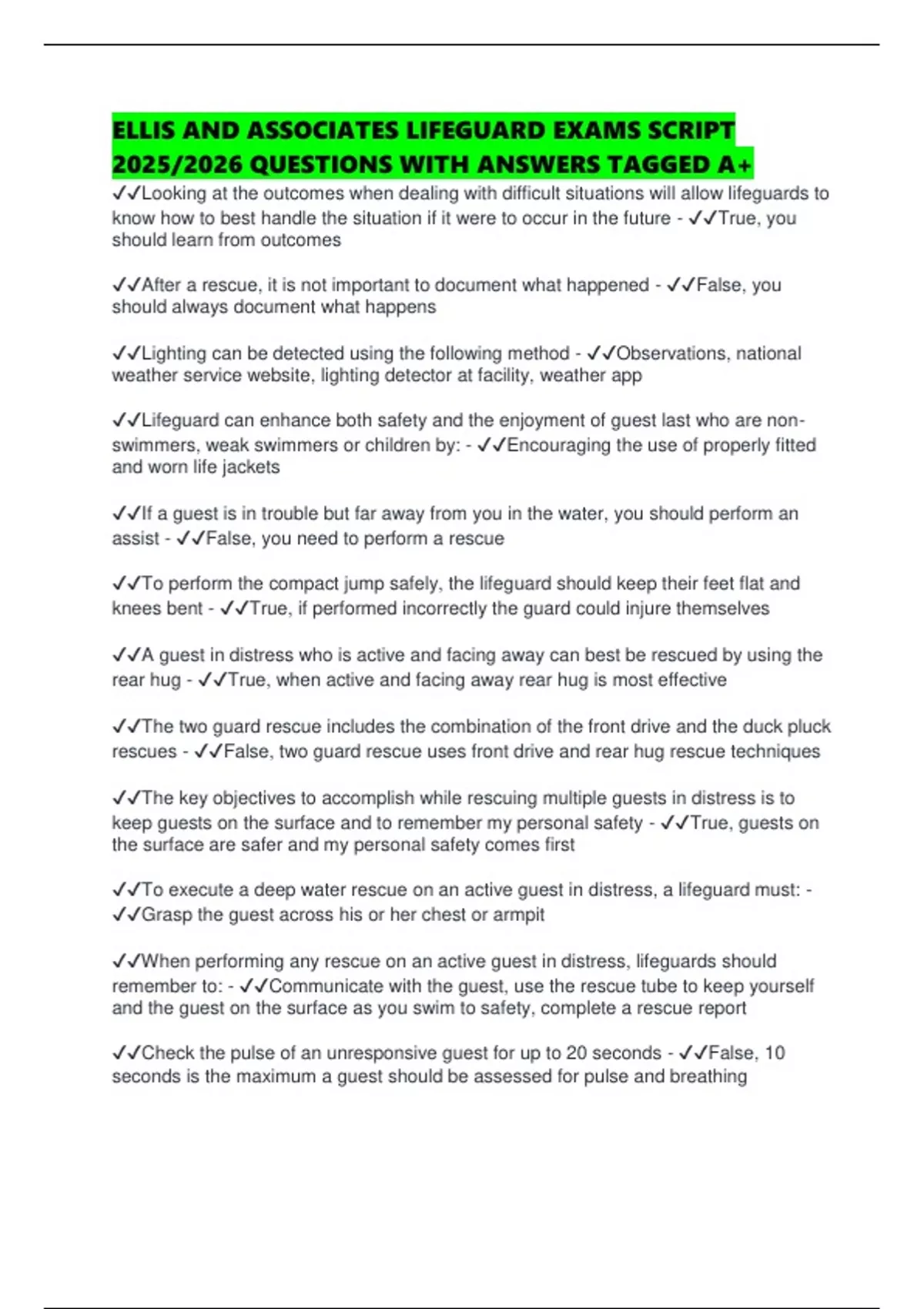 ELLIS AND ASSOCIATES LIFEGUARD EXAMS SCRIPT 2025/2026 QUESTIONS WITH ...