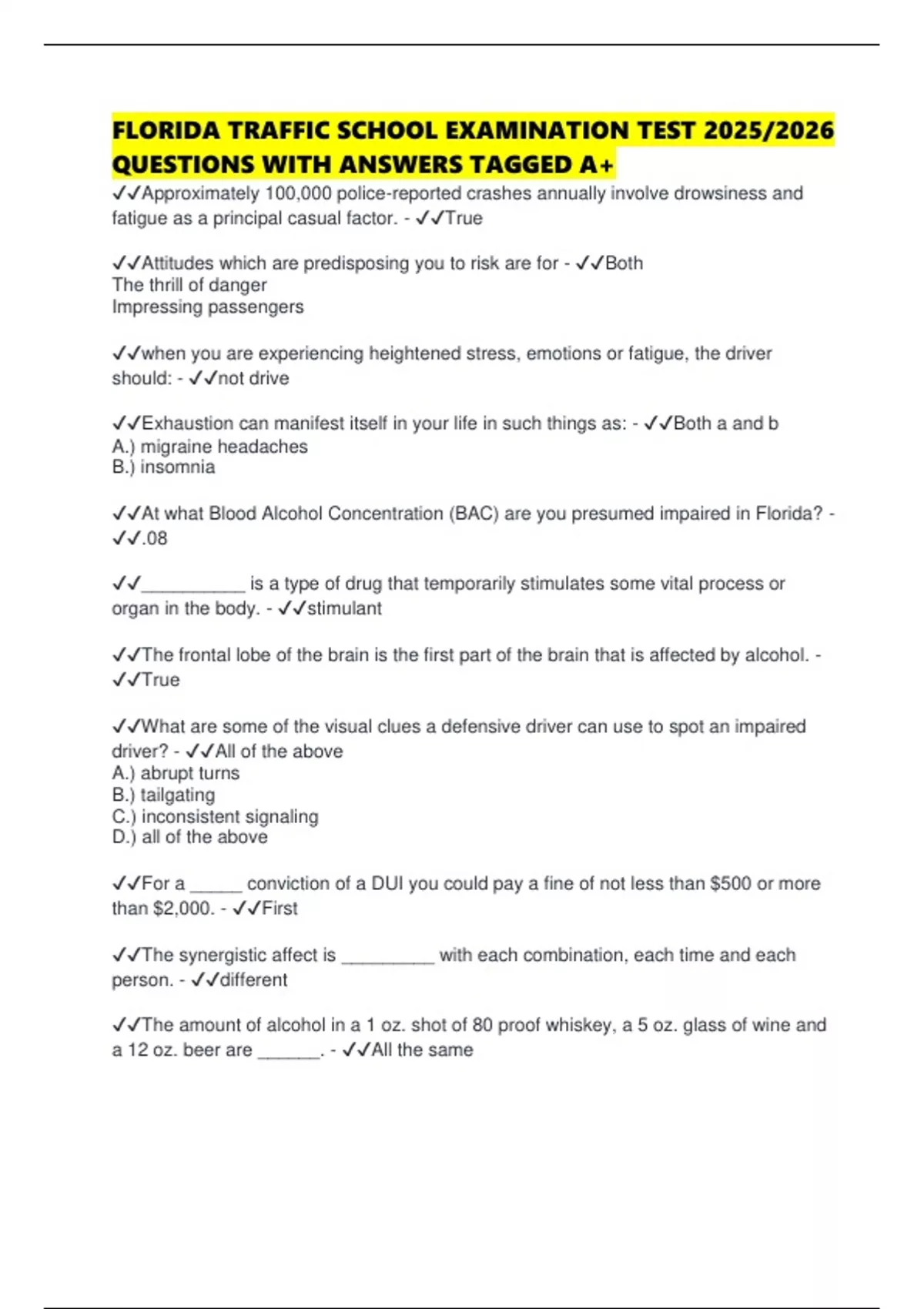 FLORIDA TRAFFIC SCHOOL EXAMINATION TEST 2025/2026 QUESTIONS WITH ...