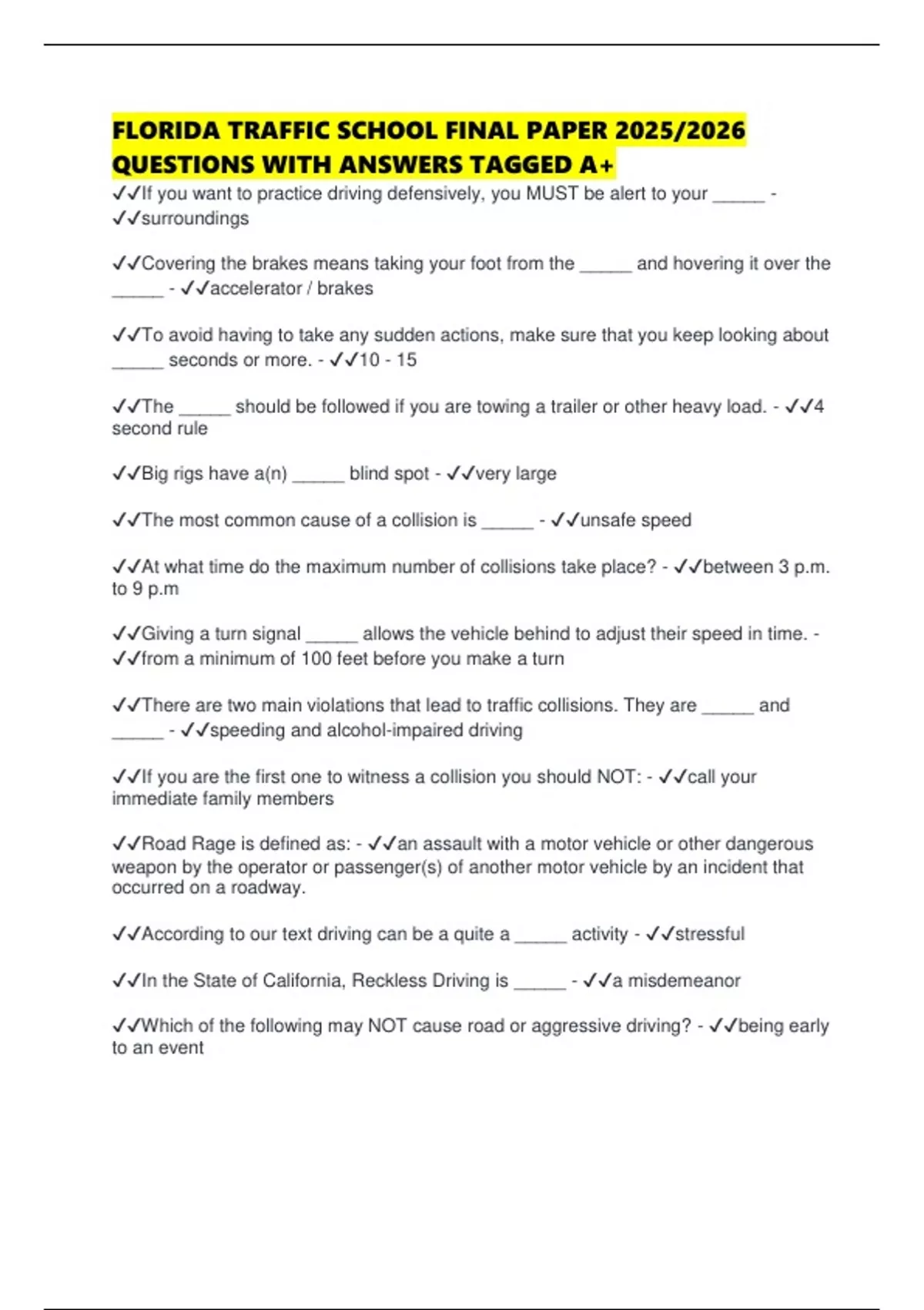 FLORIDA TRAFFIC SCHOOL FINAL PAPER 2025/2026 QUESTIONS WITH ANSWERS ...