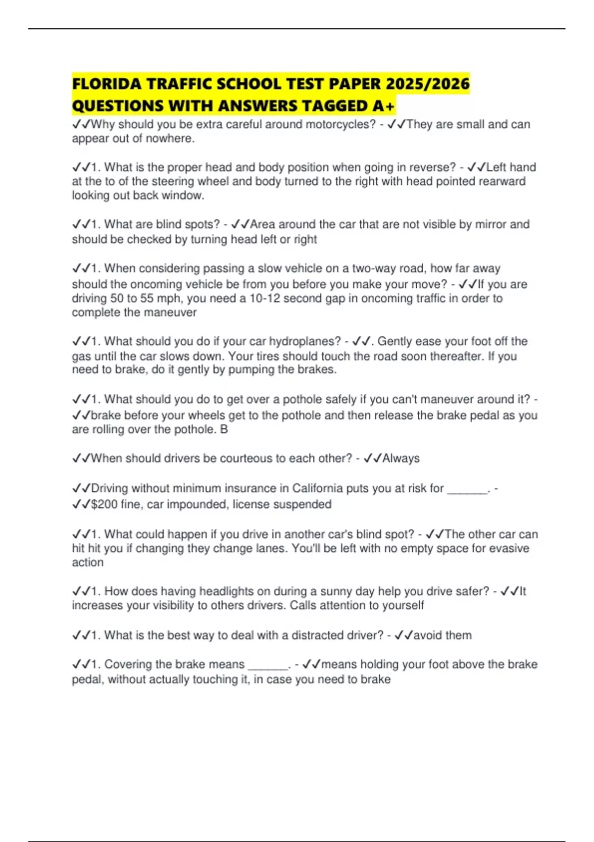 FLORIDA TRAFFIC SCHOOL TEST PAPER 2025/2026 QUESTIONS WITH ANSWERS ...