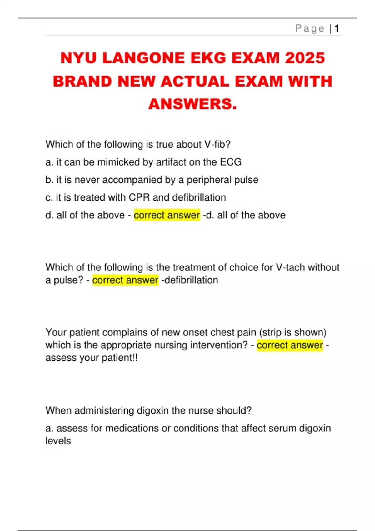 NYU LANGONE EKG EXAM 2025 BRAND NEW ACTUAL EXAM WITH ANSWERS. - NYU ...
