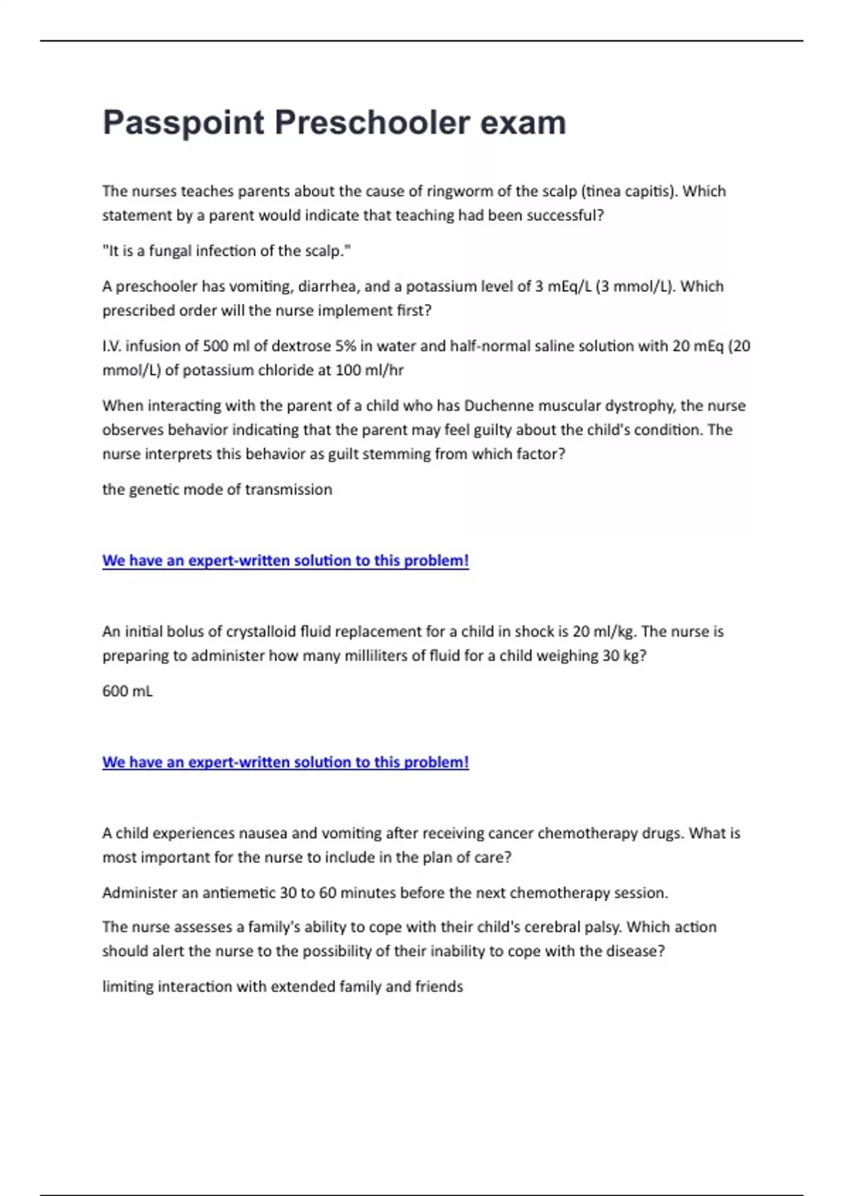 Passpoint Preschooler exam questions and answers with solutions ...