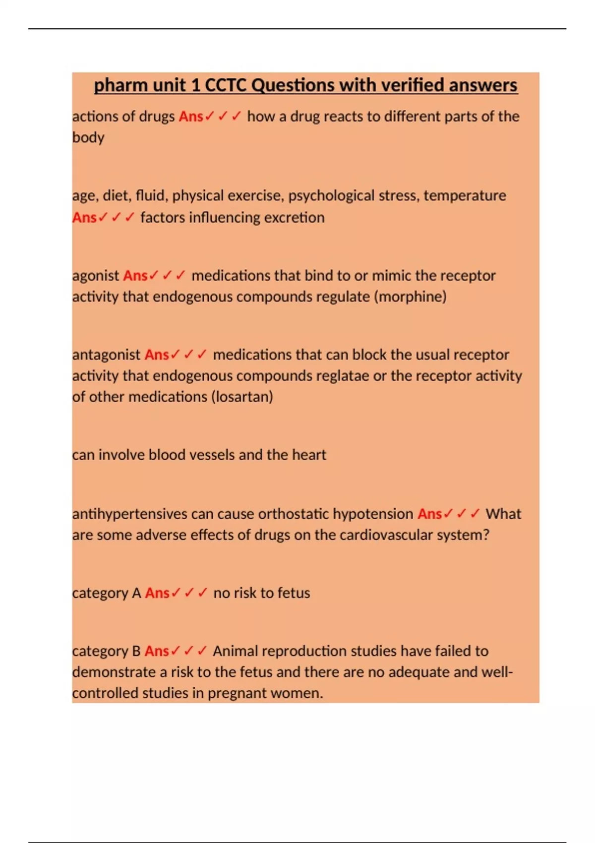 Pharmacology Unit 1 – CCTC Exam Q&A Guide | Verified Fundamentals of ...