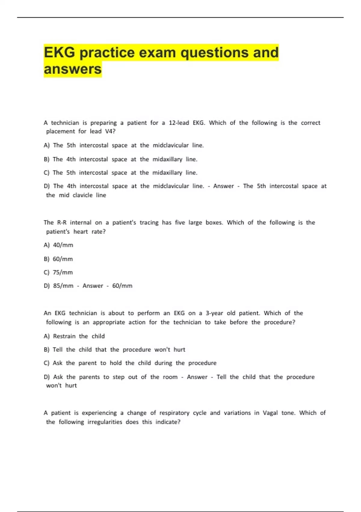 EKG practice exam questions and answers - EKG-NCCT. - Stuvia US