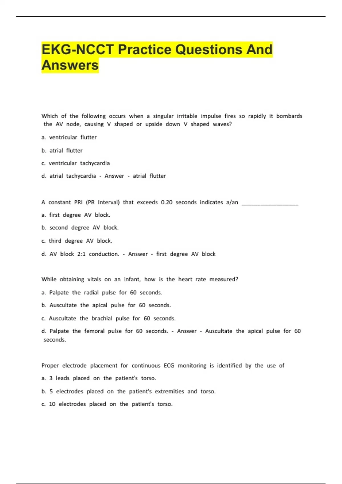 EKG-NCCT Practice Questions And Answers - EKG-NCCT. - Stuvia US
