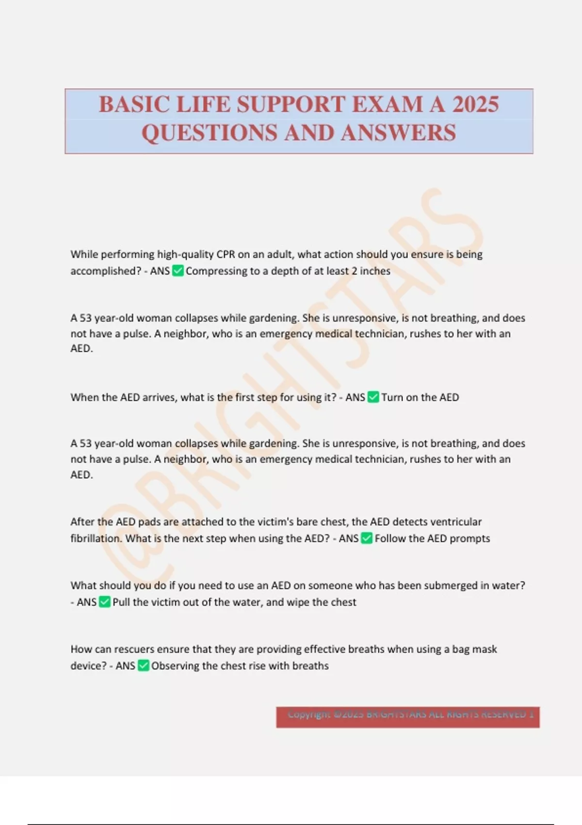 BASIC LIFE SUPPORT EXAM A 2025 QUESTIONS AND ANSWERS - BLS - Stuvia US