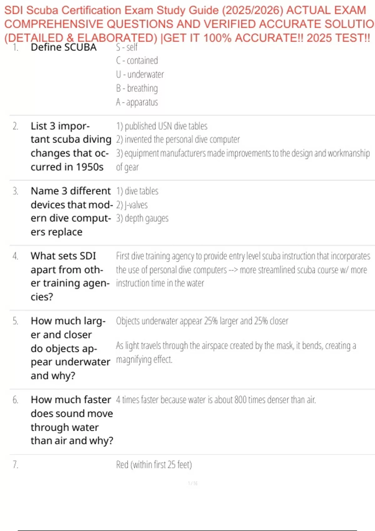 SDI Scuba Certification Exam Study Guide (2025/2026) ACTUAL EXAM COMPREHENSIVE QUESTIONS AND ...