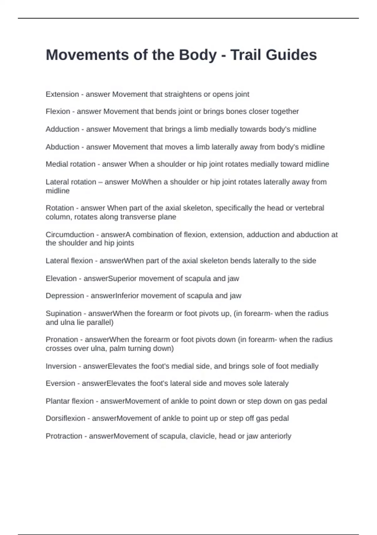 Movements of the Body - Trail Guides Questions and Answers 100% Correct ...