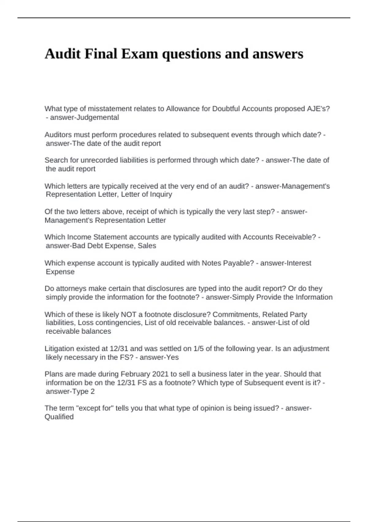 Audit Final Exam questions and answers - AUDIT II - Stuvia US