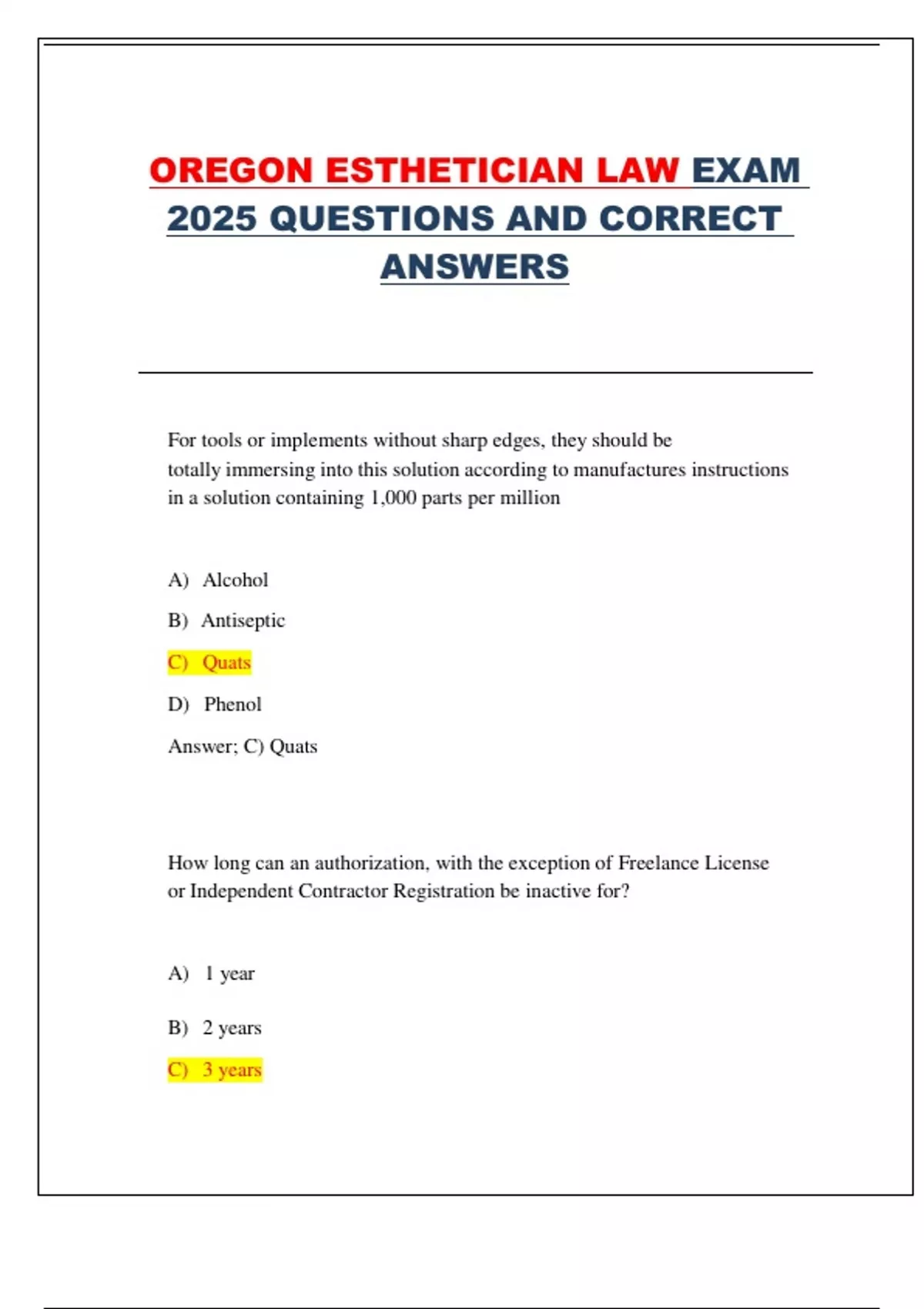 Oregon Esthetician Law Exam – 2025 – State Licensing Board – Complete ...