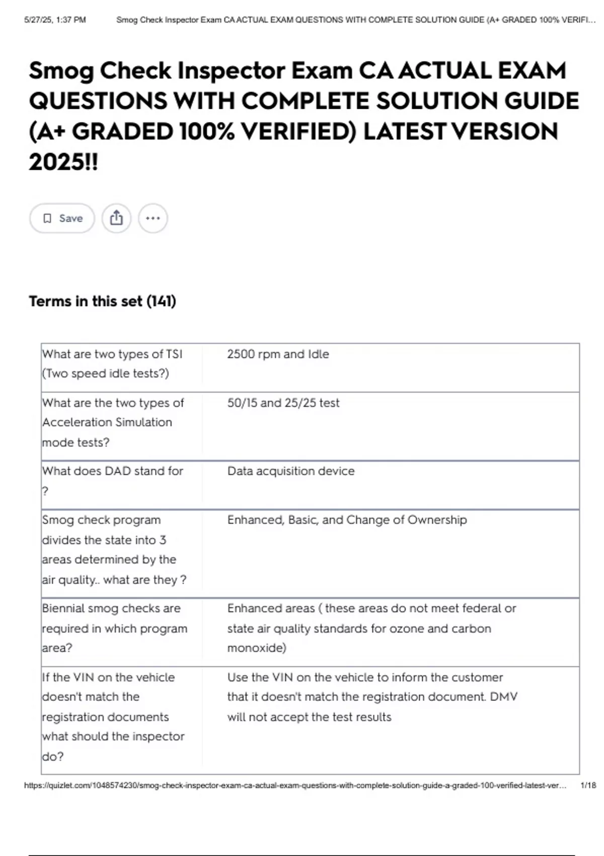 Smog Check Inspector Exam CA ACTUAL EXAM QUESTIONS WITH COMPLETE ...