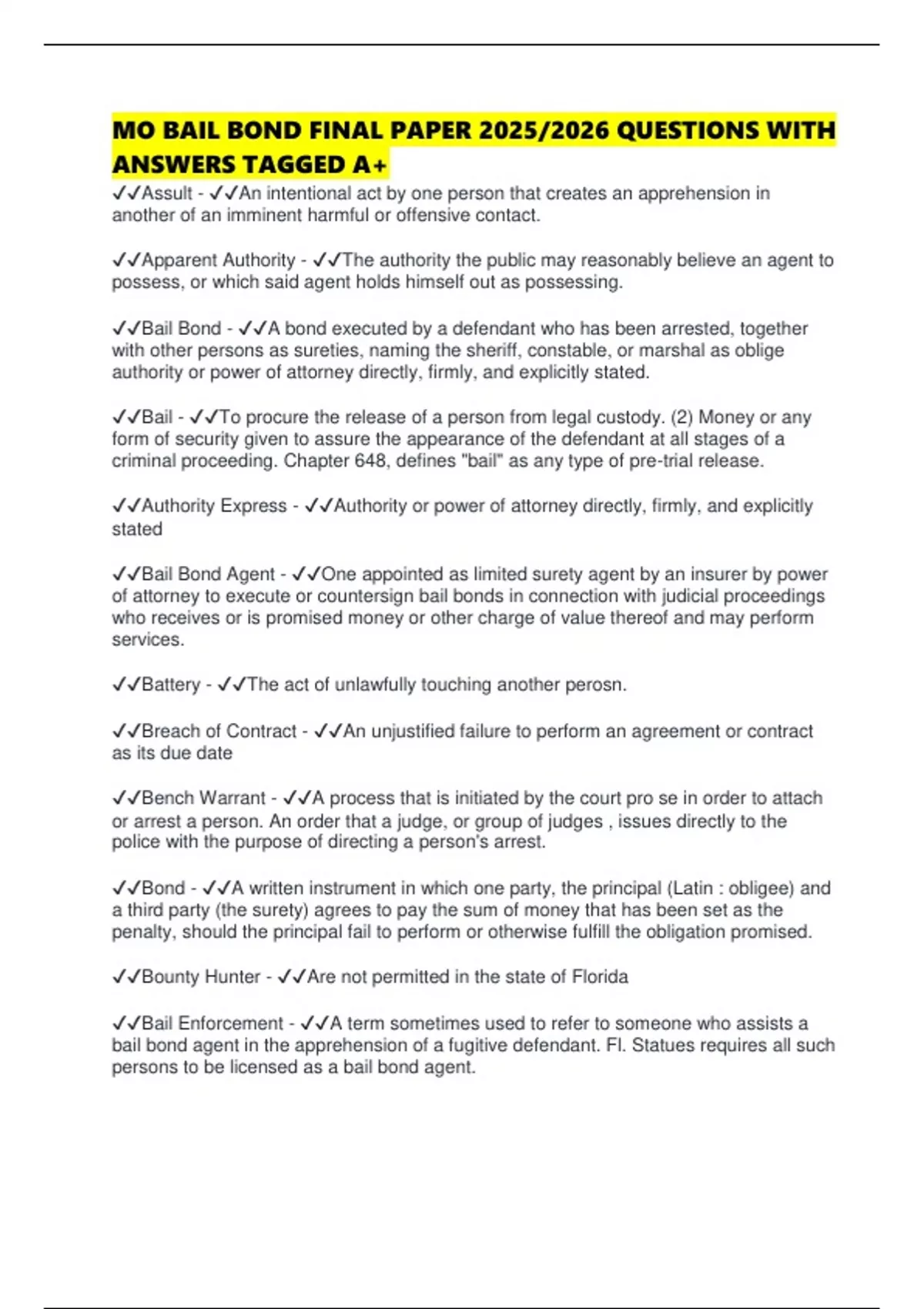 MO BAIL BOND FINAL PAPER 2025/2026 QUESTIONS WITH ANSWERS TAGGED A+ ...