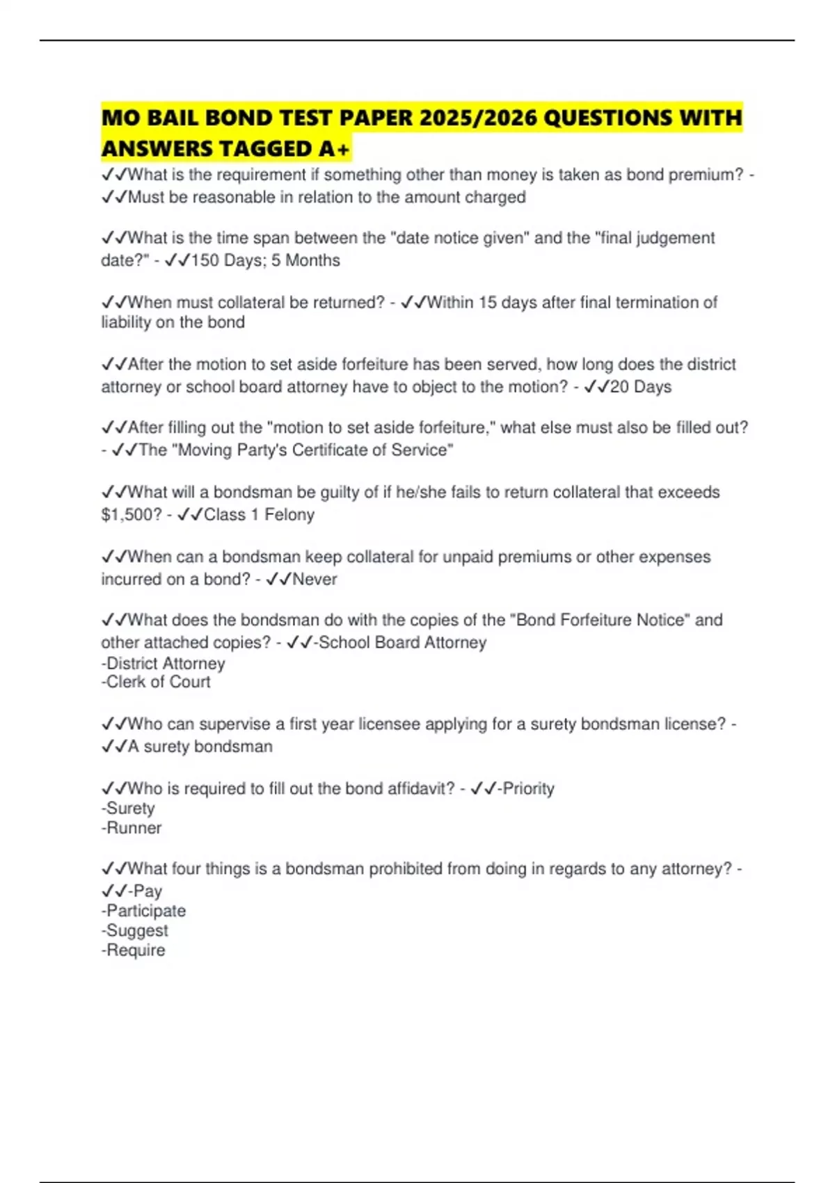 MO BAIL BOND TEST PAPER 2025/2026 QUESTIONS WITH ANSWERS TAGGED A+ ...