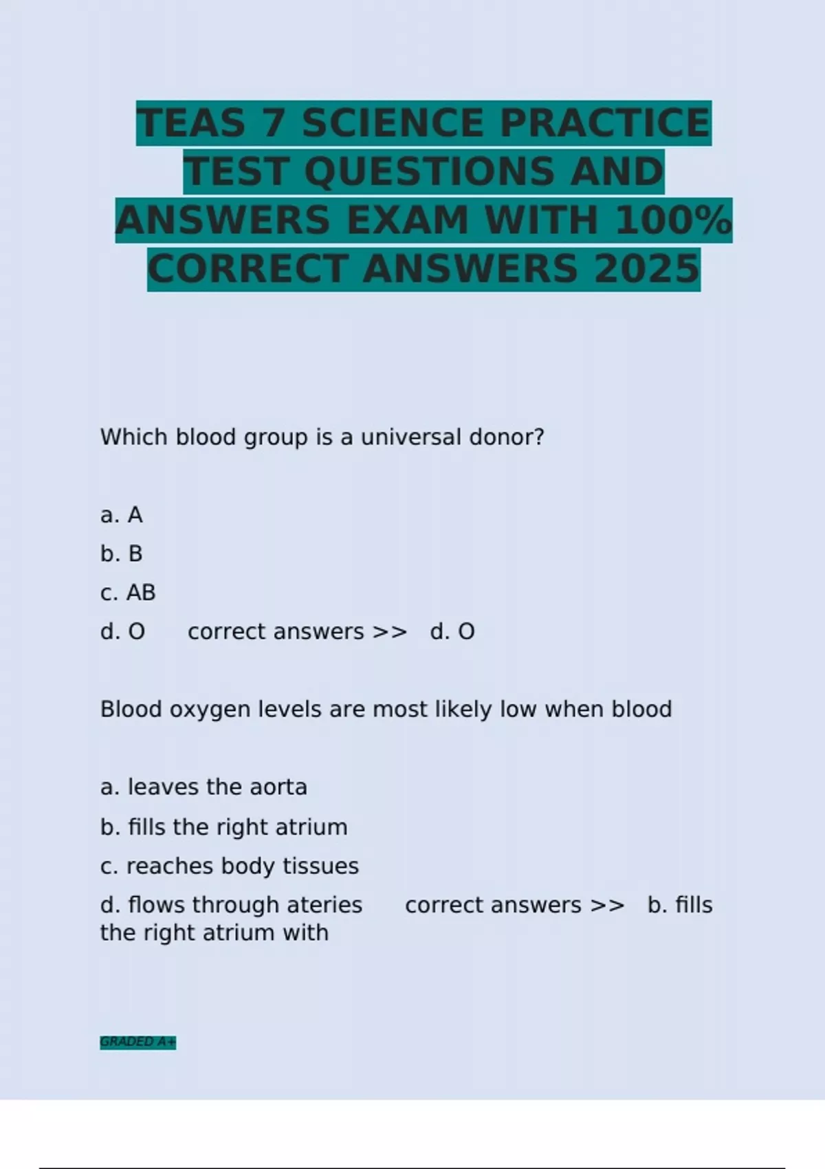 TEAS 7 SCIENCE PRACTICE TEST QUESTIONS AND ANSWERS EXAM WITH 100% ...