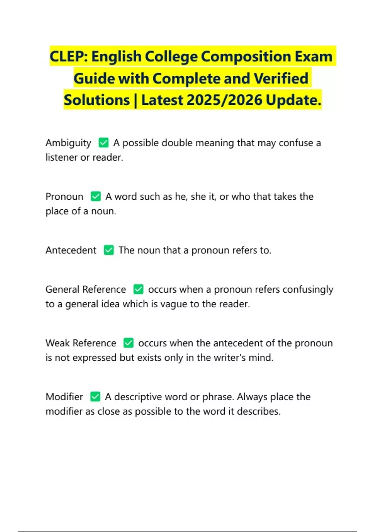 CLEP: English College Composition Exam Guide with Complete and Verified ...