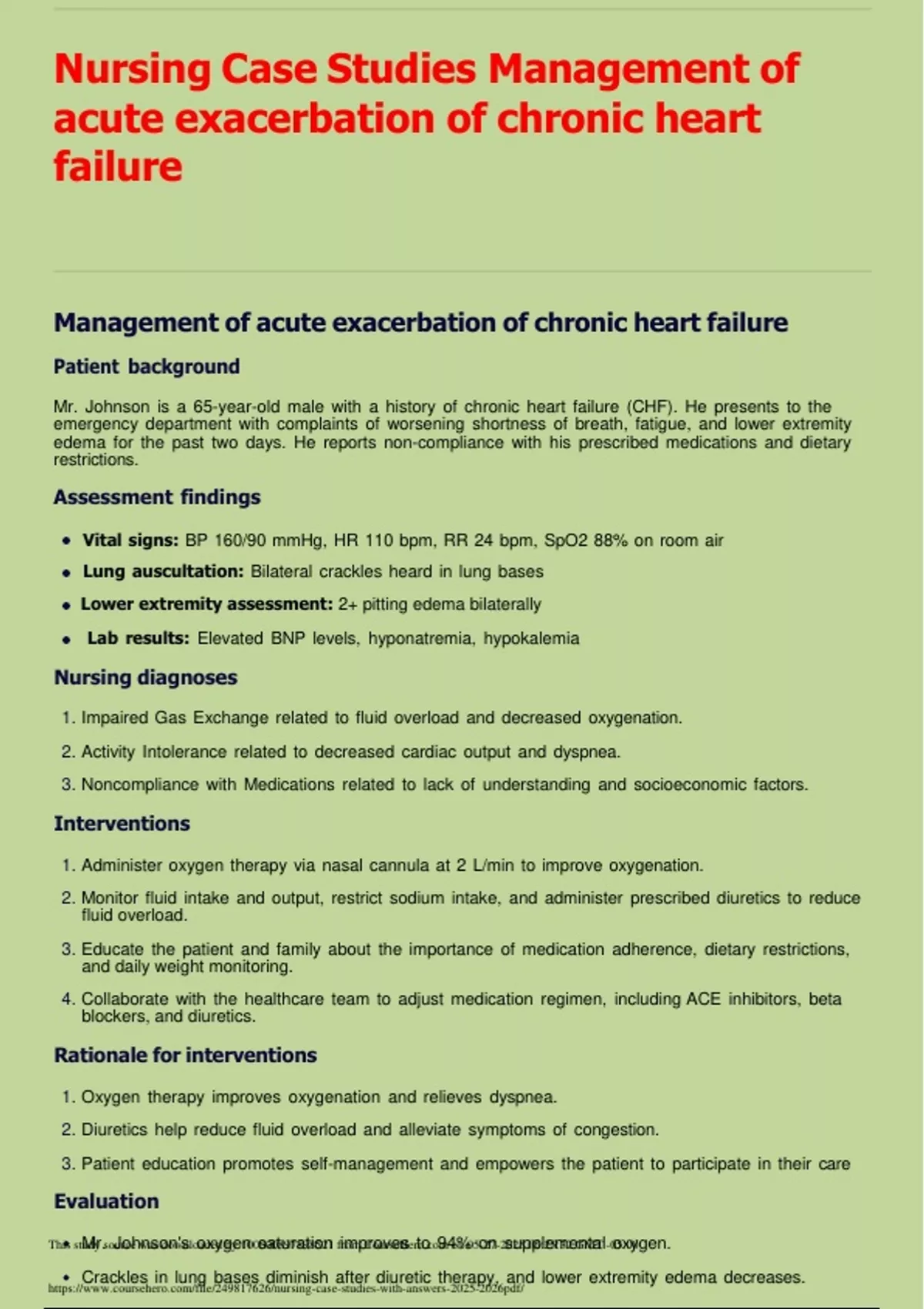 Nursing Case Studies Management of acute exacerbation of chronic heart ...
