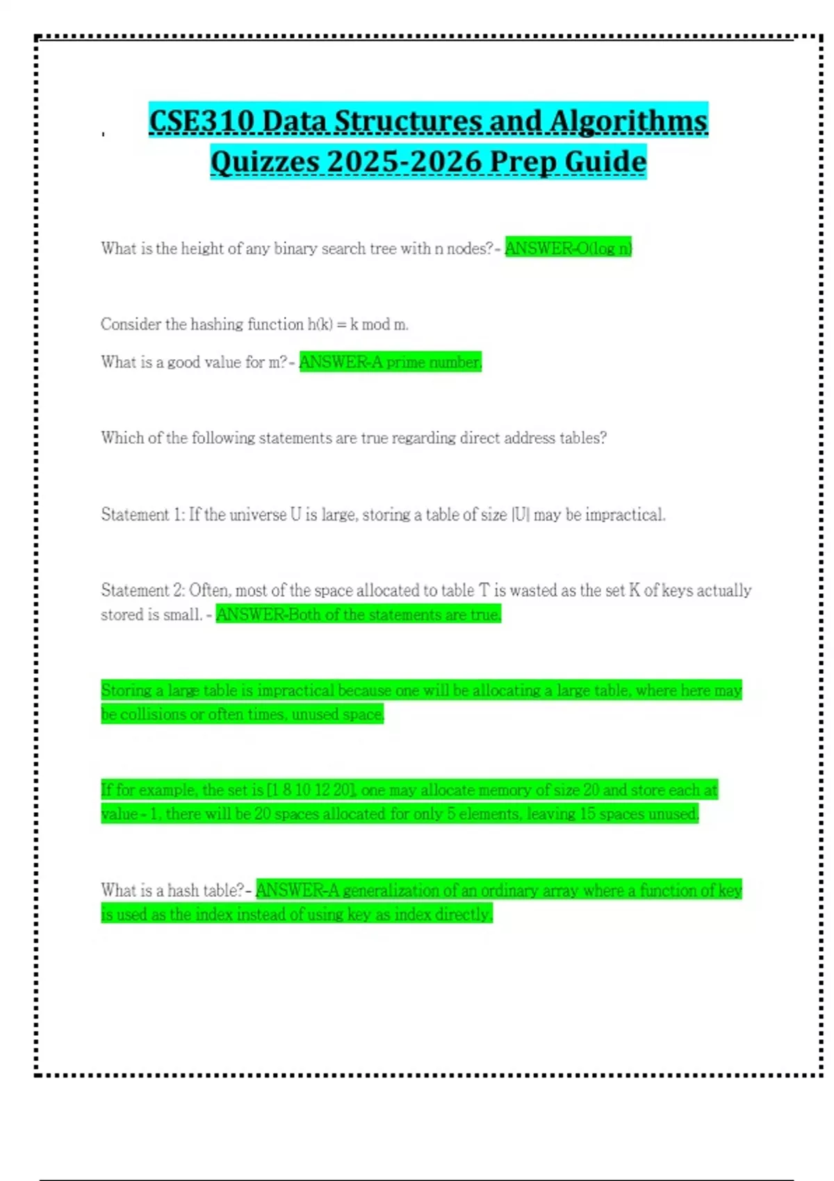CSE310 Data Structures and Algorithms Quizzes Prep Guide - CSE310 Data Structures and Algorithms ...