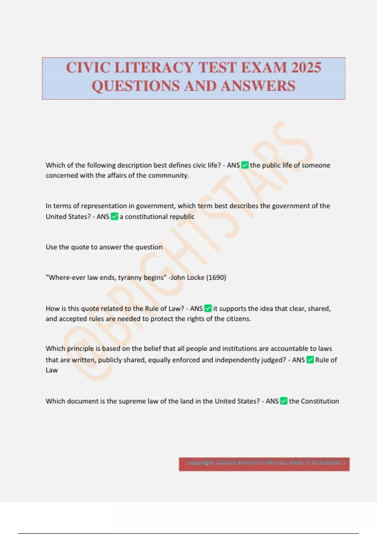 CIVIC LITERACY TEST EXAM 2025 QUESTIONS AND ANSWERS - CIVIC LITERACY ...