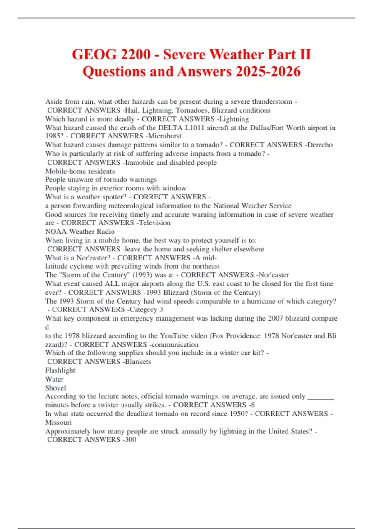 GEOG 2200 - Severe Weather Part II Questions and Answers - Spotter ...