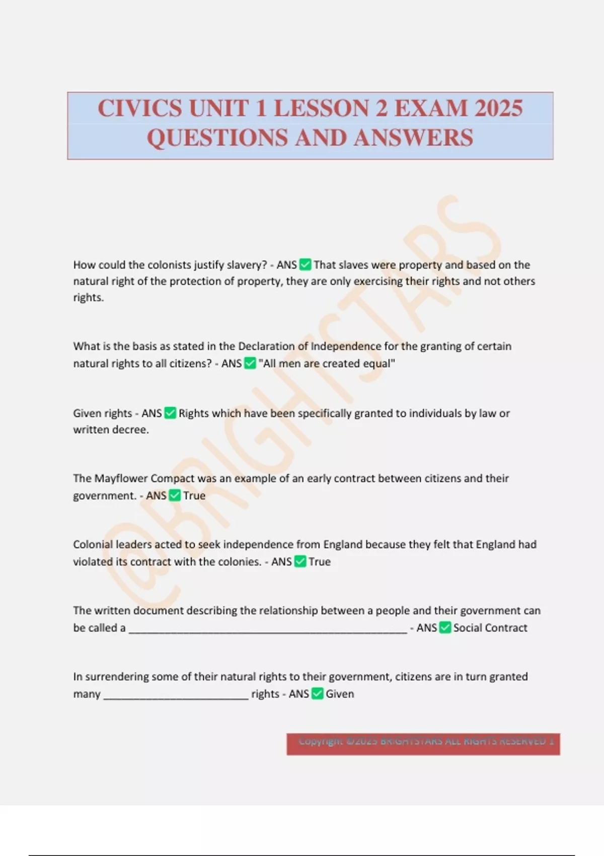 CIVICS UNIT 1 LESSON 2 EXAM 2025 QUESTIONS AND ANSWERS - ALABAMA CIVICS ...