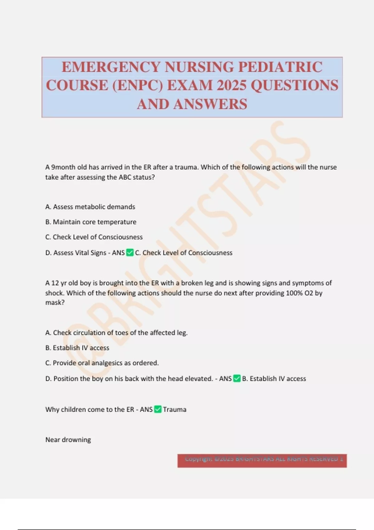 EMERGENCY NURSING PEDIATRIC COURSE (ENPC) EXAM 2025 QUESTIONS AND ...