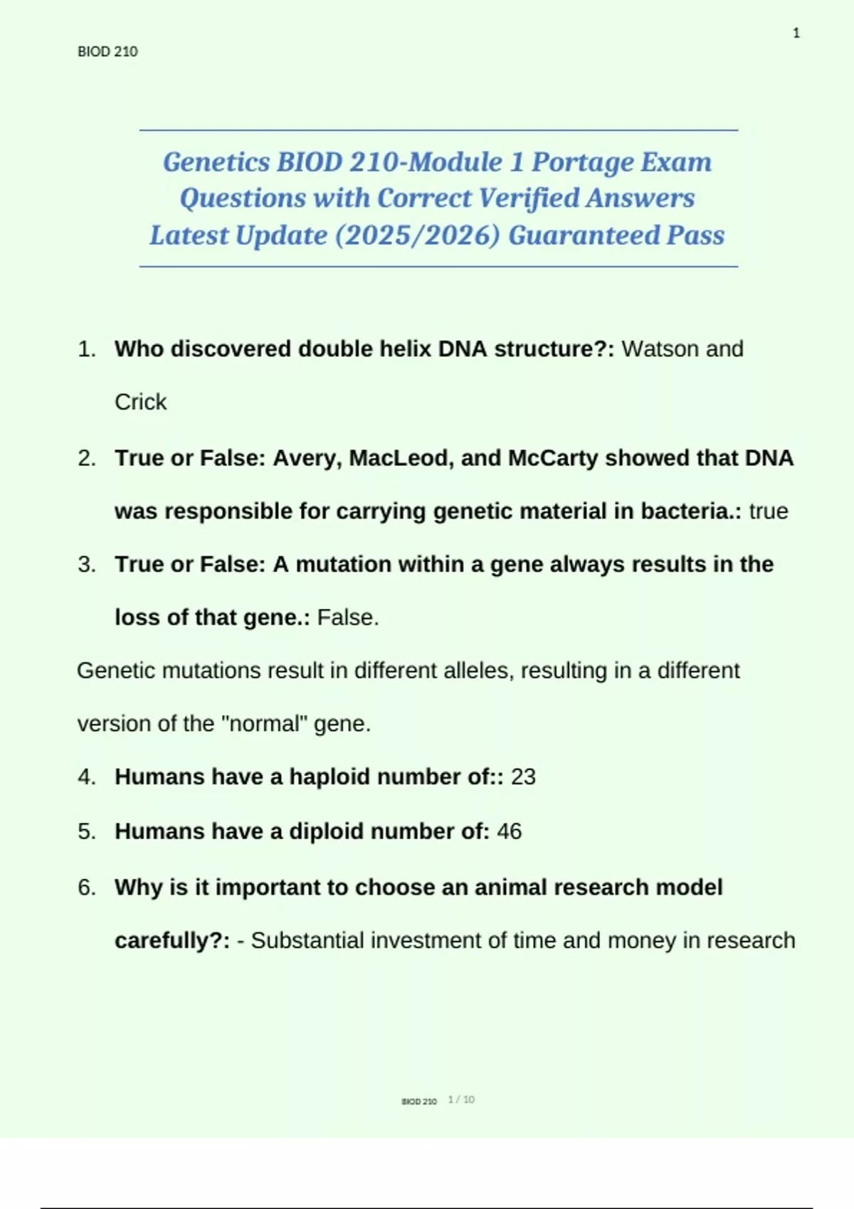 Genetics BIOD 210-Module 1 Portage Exam Questions with Correct Verified ...