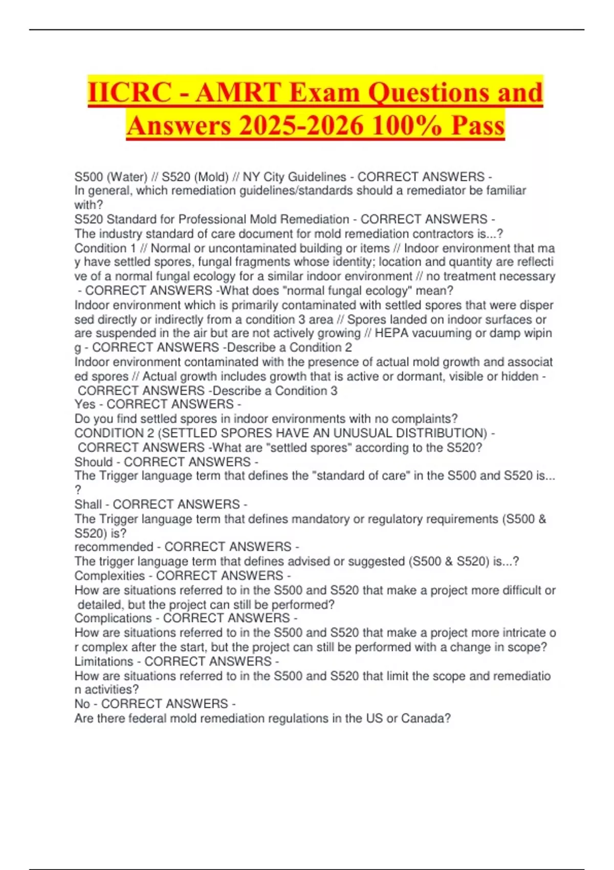 IICRC - AMRT Exam Questions and Answers % Pass - IICRC Water - Stuvia US