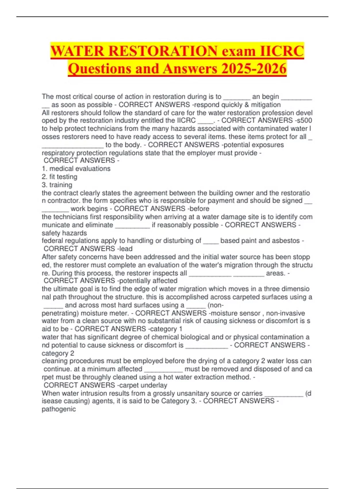 WATER RESTORATION exam IICRC Questions and Answers - IICRC Water ...