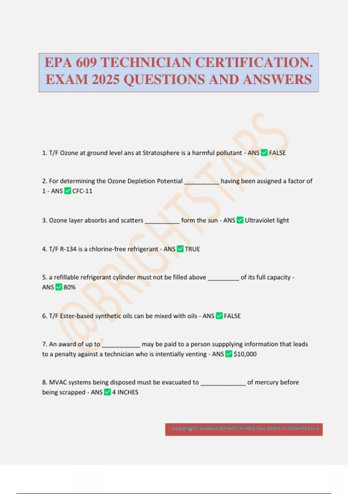 EPA 609 TECHNICIAN CERTIFICATION. EXAM 2025 QUESTIONS AND ANSWERS - EPA ...