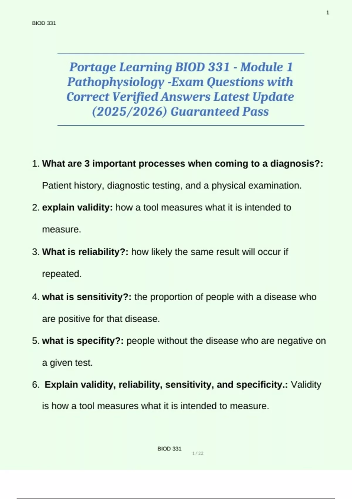 Portage Learning BIOD 331 - Module 1 Pathophysiology -Exam Questions with Correct Verified ...