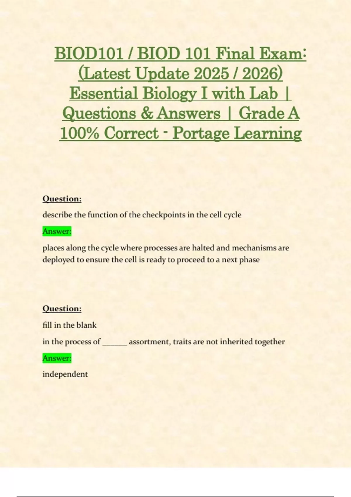 BIOD101 / BIOD 101 Final Exam: (Latest Update 2025 / 2026) Essential ...