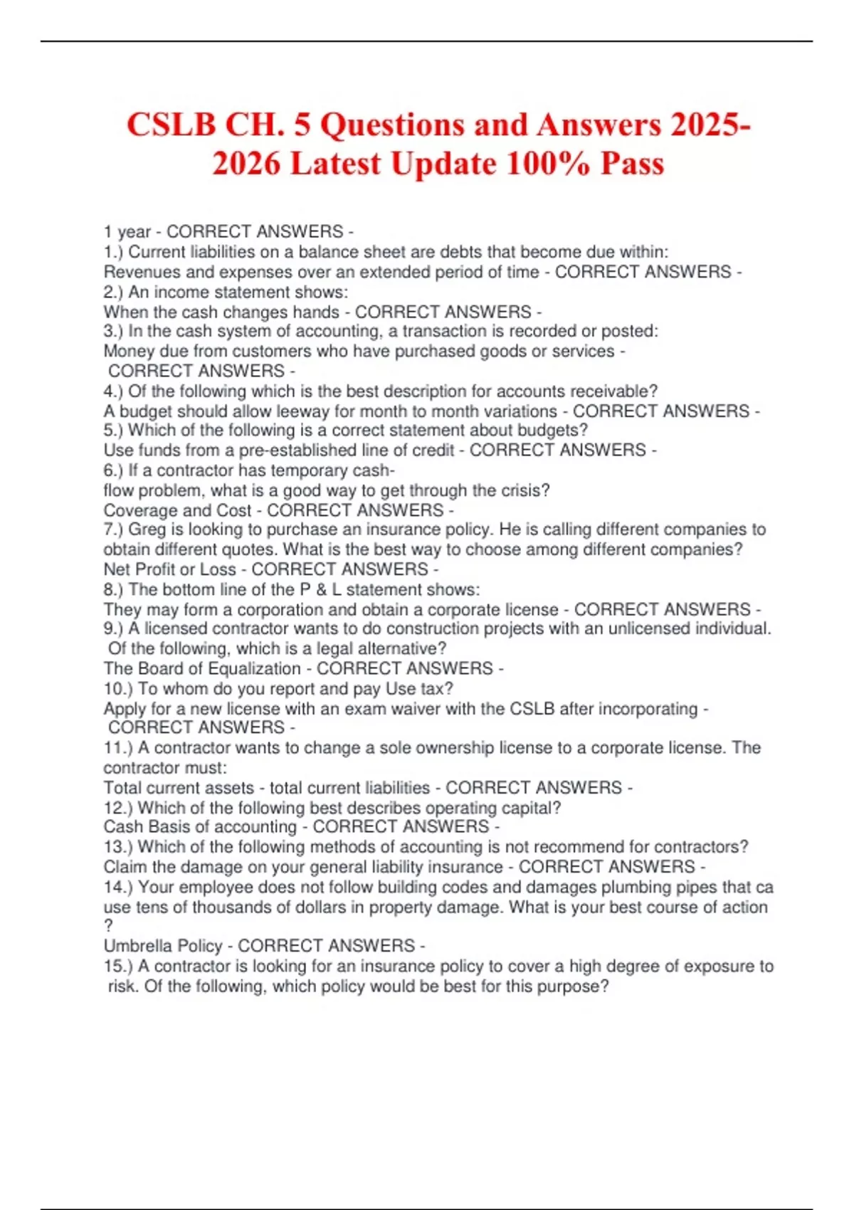 CSLB CH. 5 Questions and Answers Latest Update 100% Pass - Cslb - Stuvia US