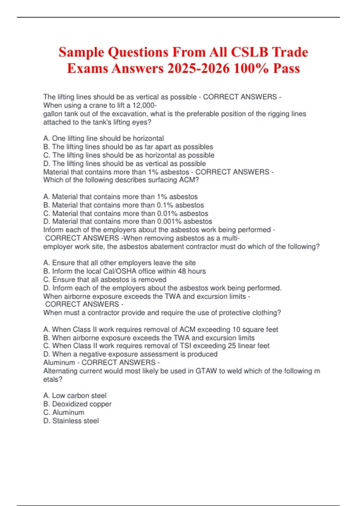 Sample Questions From All CSLB Trade Exams Answers % Pass - Cslb ...