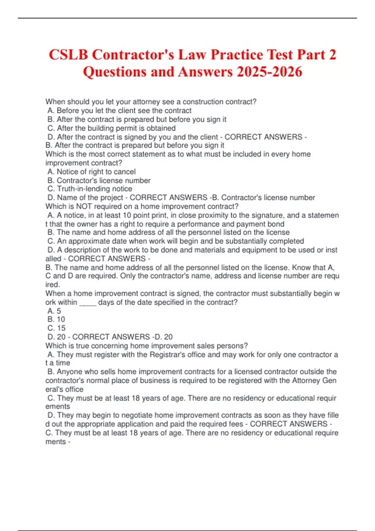 CSLB Contractor-s Law Practice Test Part 2 Questions and Answers - Cslb ...