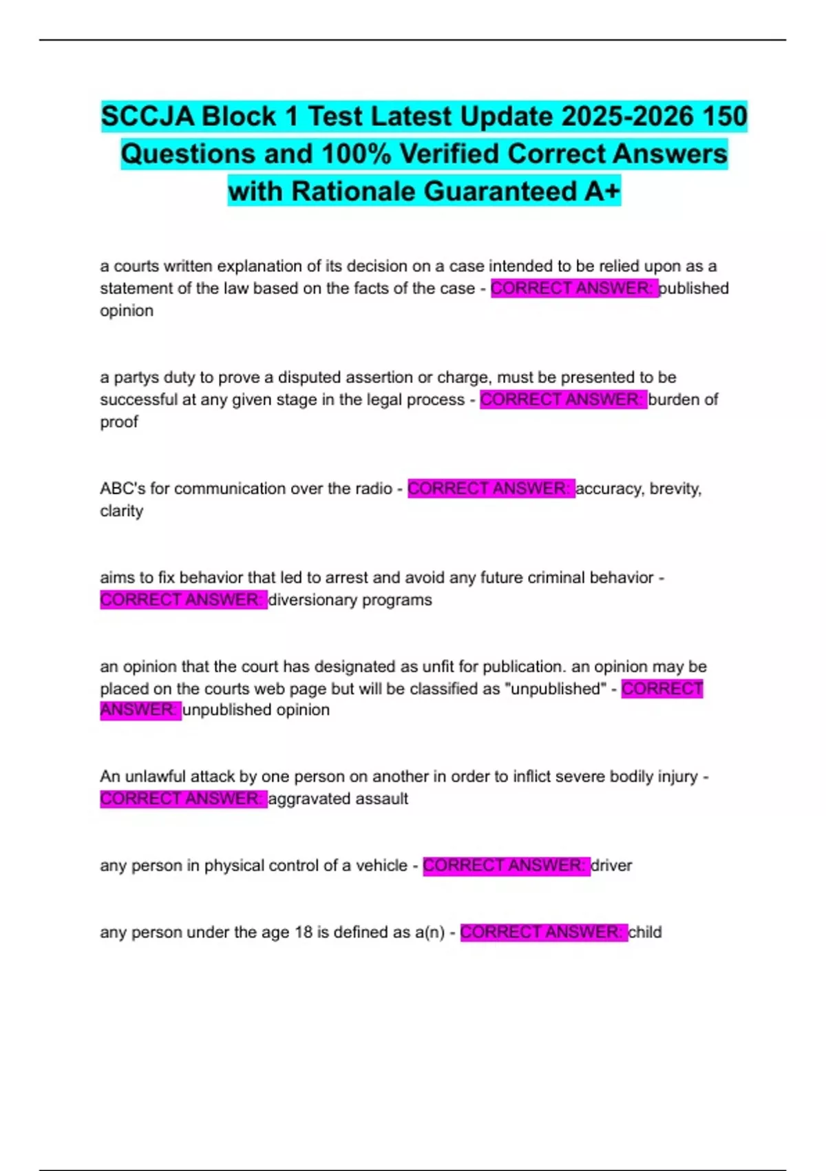 SCCJA Block 1 Test Latest Update Questions and 100% Verified Correct ...