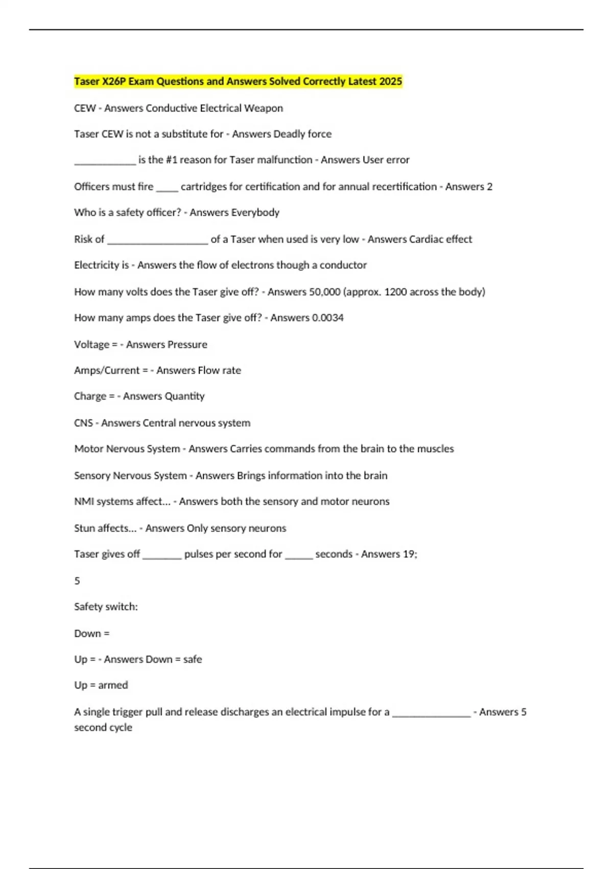 Taser X26P Exam Questions and Answers Solved Correctly Latest 2025 ...