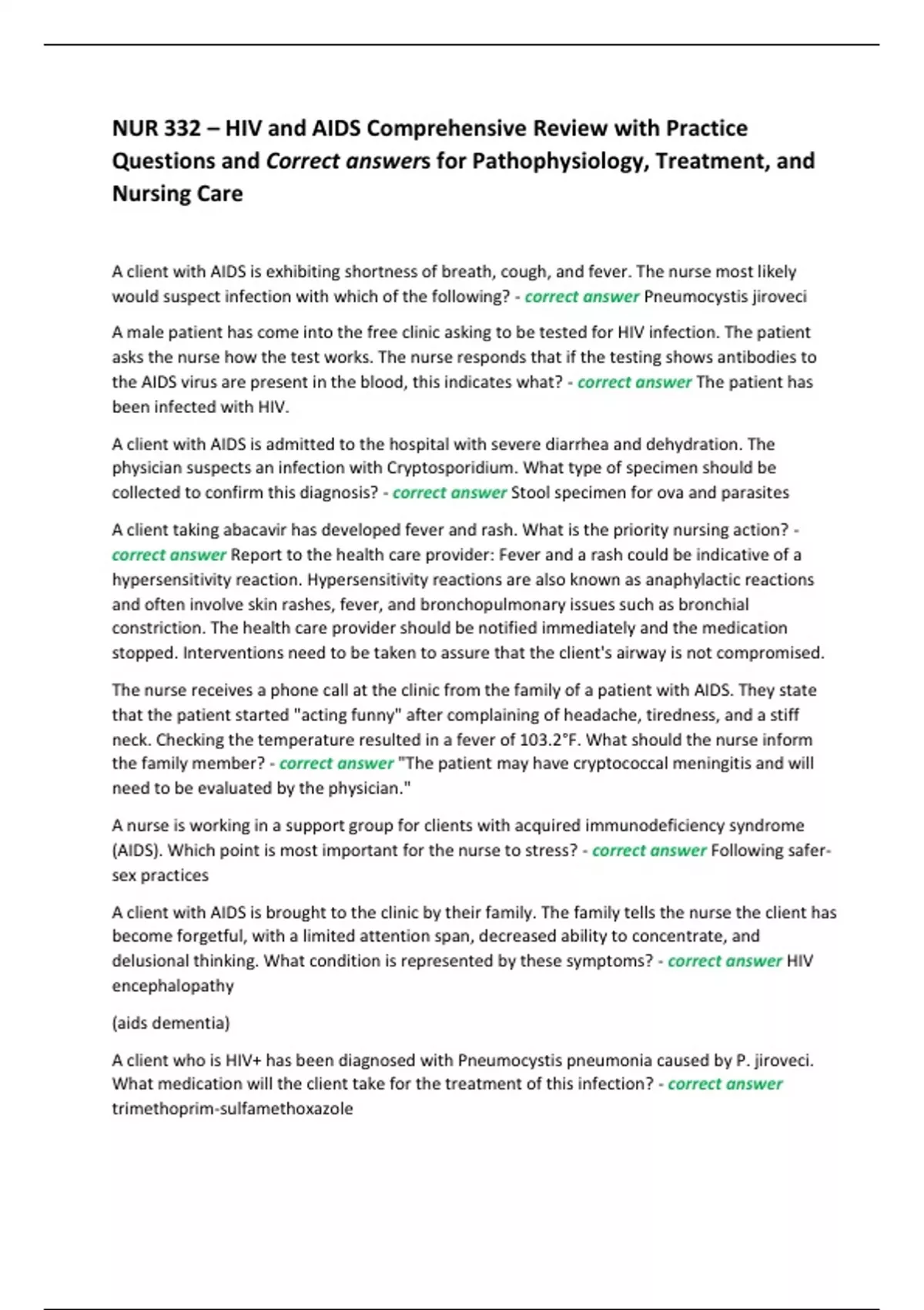 NUR 332 – HIV and AIDS Comprehensive Review with Practice Questions and ...