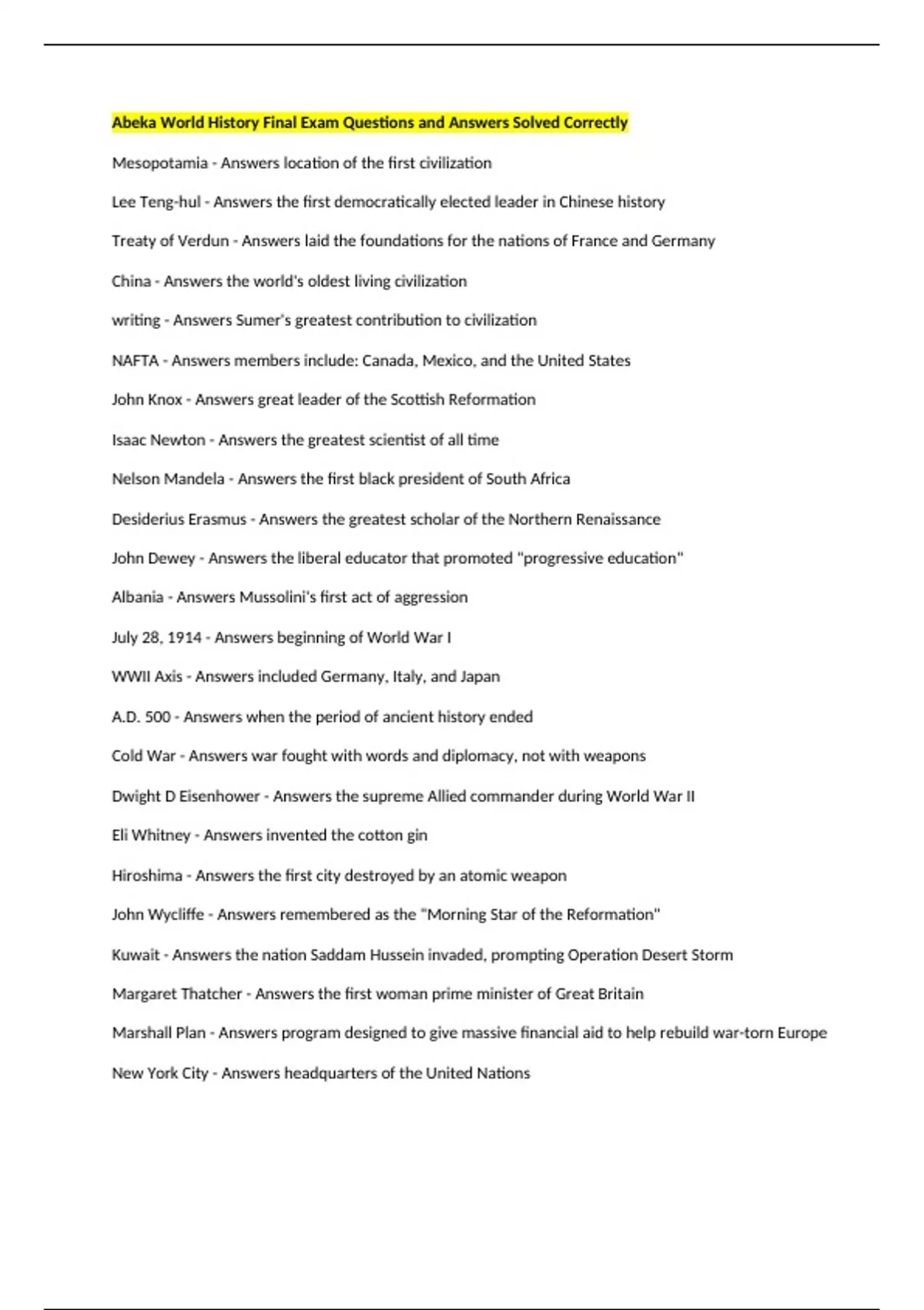 Abeka World History Final Exam Questions and Answers Solved Correctly ...