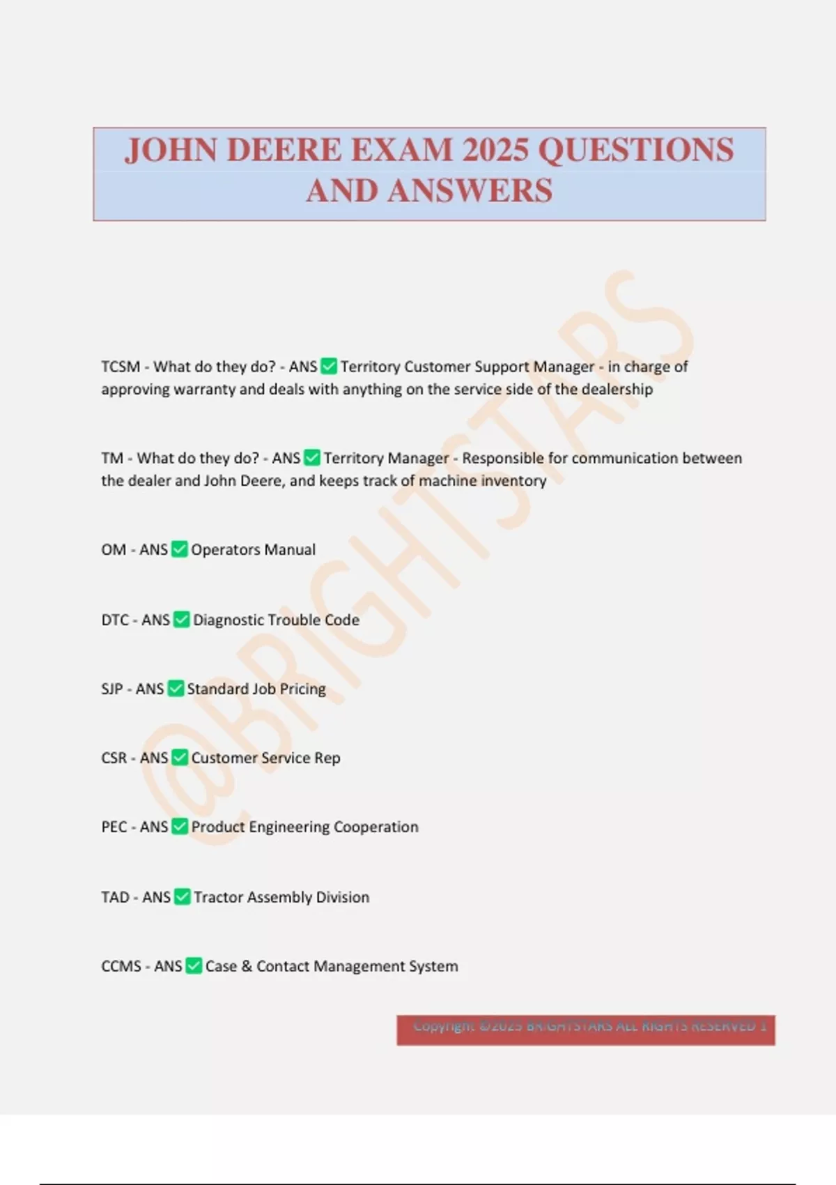 JOHN DEERE EXAM 2025 QUESTIONS AND ANSWERS - J D - Stuvia US
