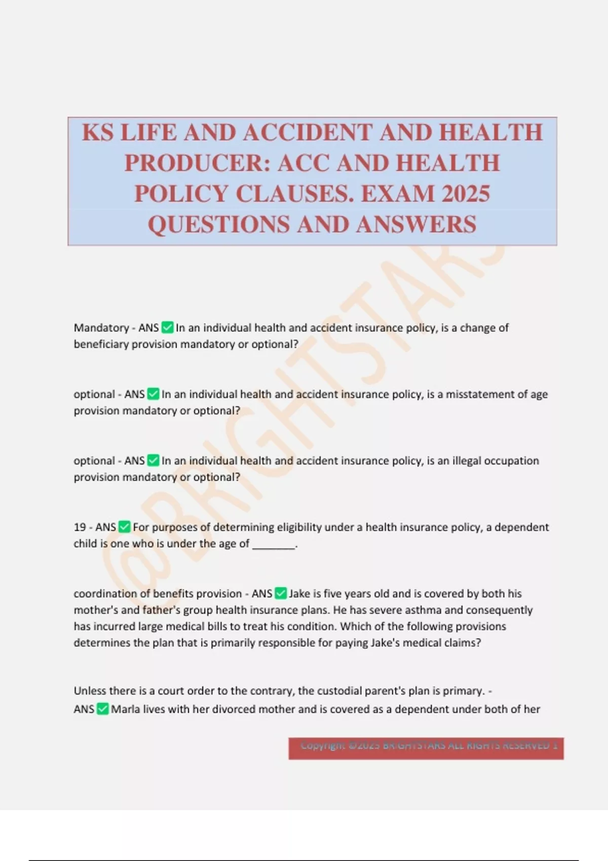 KS LIFE AND ACCIDENT AND HEALTH PRODUCER: ACC AND HEALTH POLICY CLAUSES ...