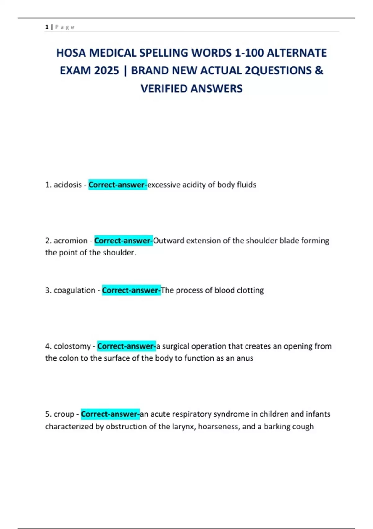 HOSA MEDICAL SPELLING WORDS 1-100 ALTERNATE EXAM 2025 | BRAND NEW ...