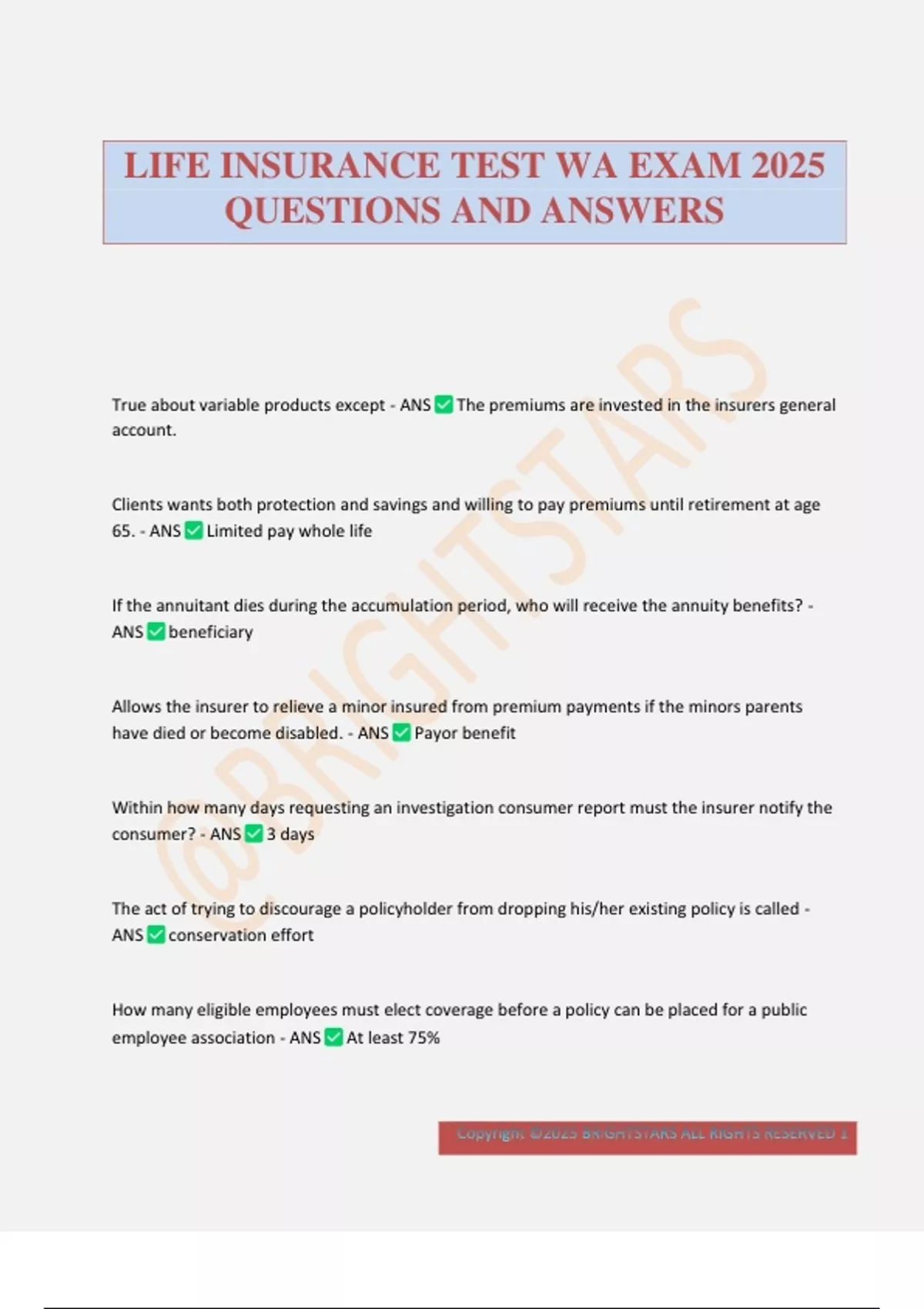 LIFE INSURANCE TEST WA EXAM 2025 QUESTIONS AND ANSWERS - LIFE INSURANCE ...