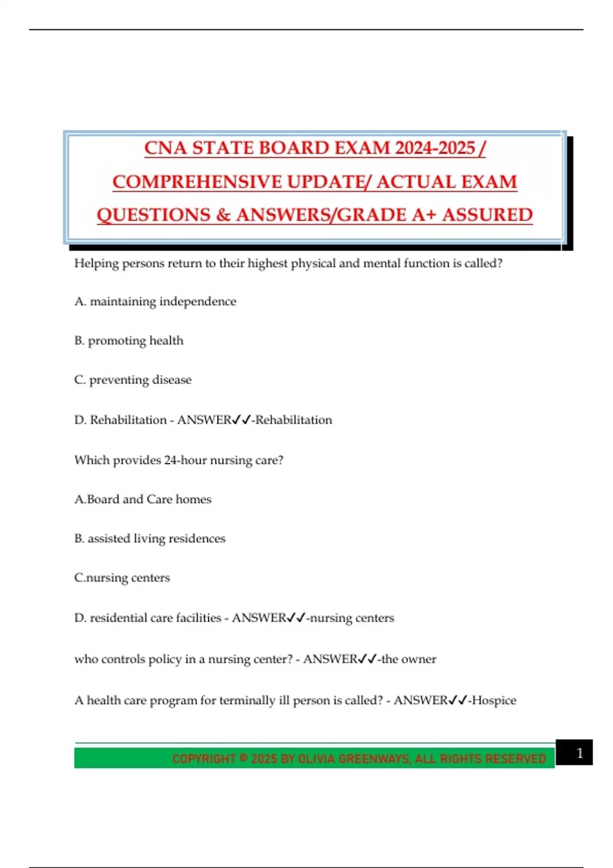 CNA STATE BOARD EXAM / COMPREHENSIVE UPDATE/ ACTUAL EXAM QUESTIONS ...