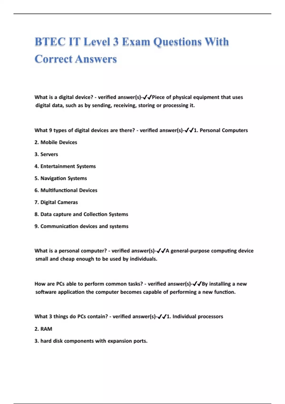 BTEC IT Level 3 Exam Questions With Correct Answers - BTEC Business ...