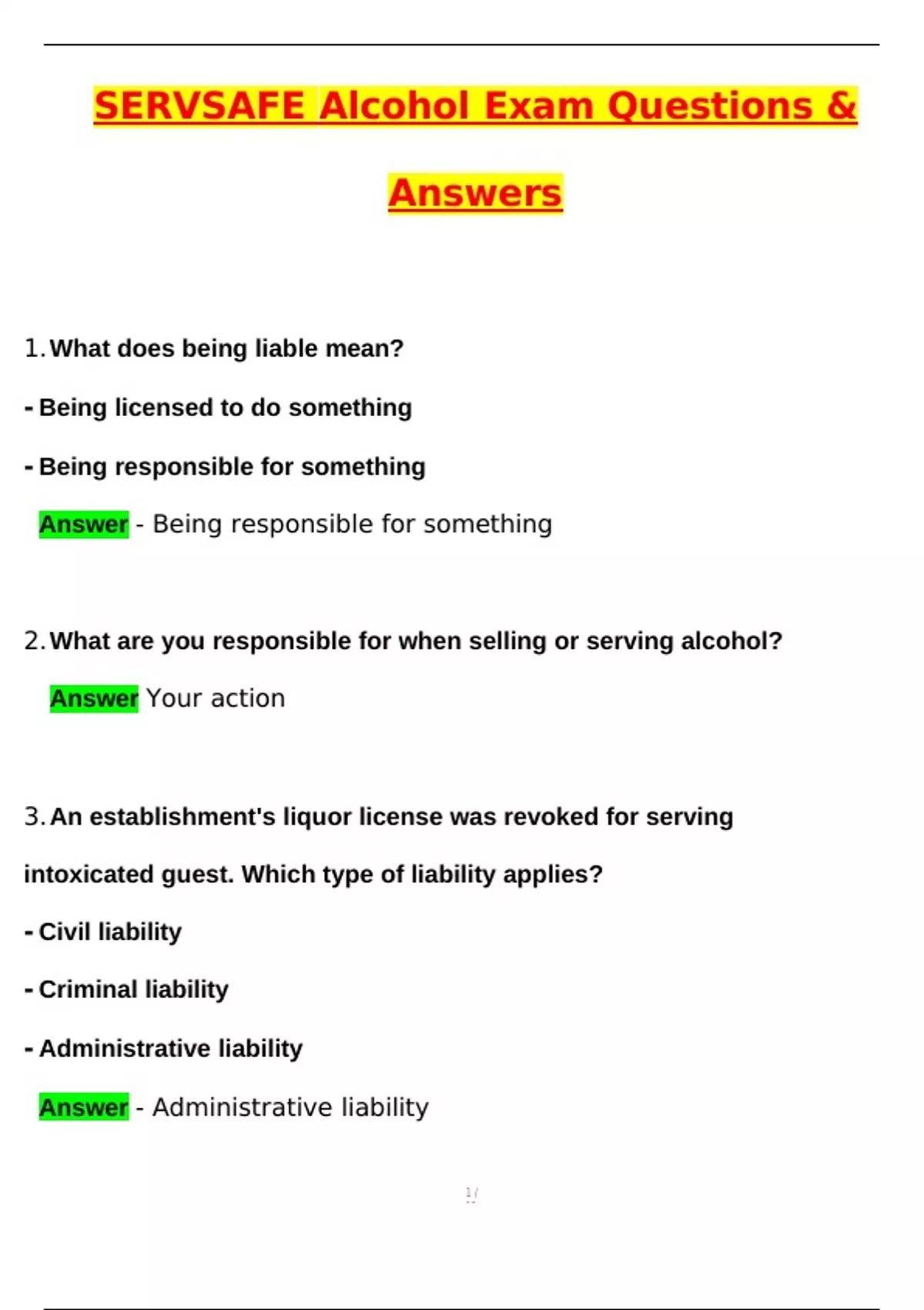 SERVSAFE Alcohol Exam Latest 2025 Actual Questions and Verified Answers ...